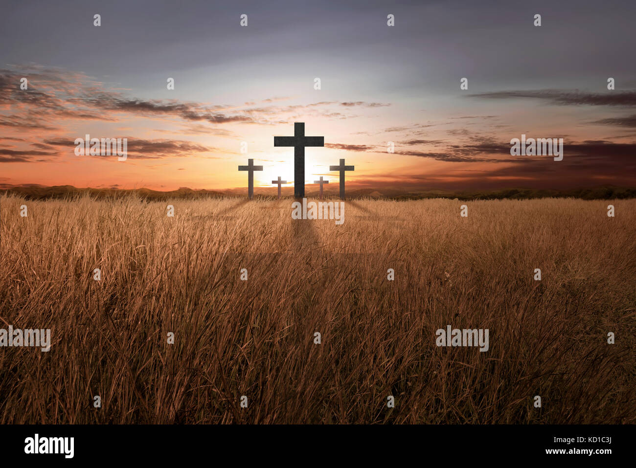 Bright christian cross at sunset on meadow field Stock Photo - Alamy