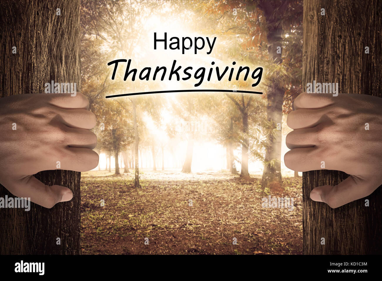 Happy thanksgiving typing when people hand opening the door Stock Photo ...