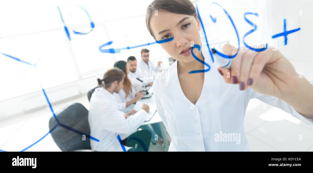 view through the transparent Board. female scientist makes a report to ...