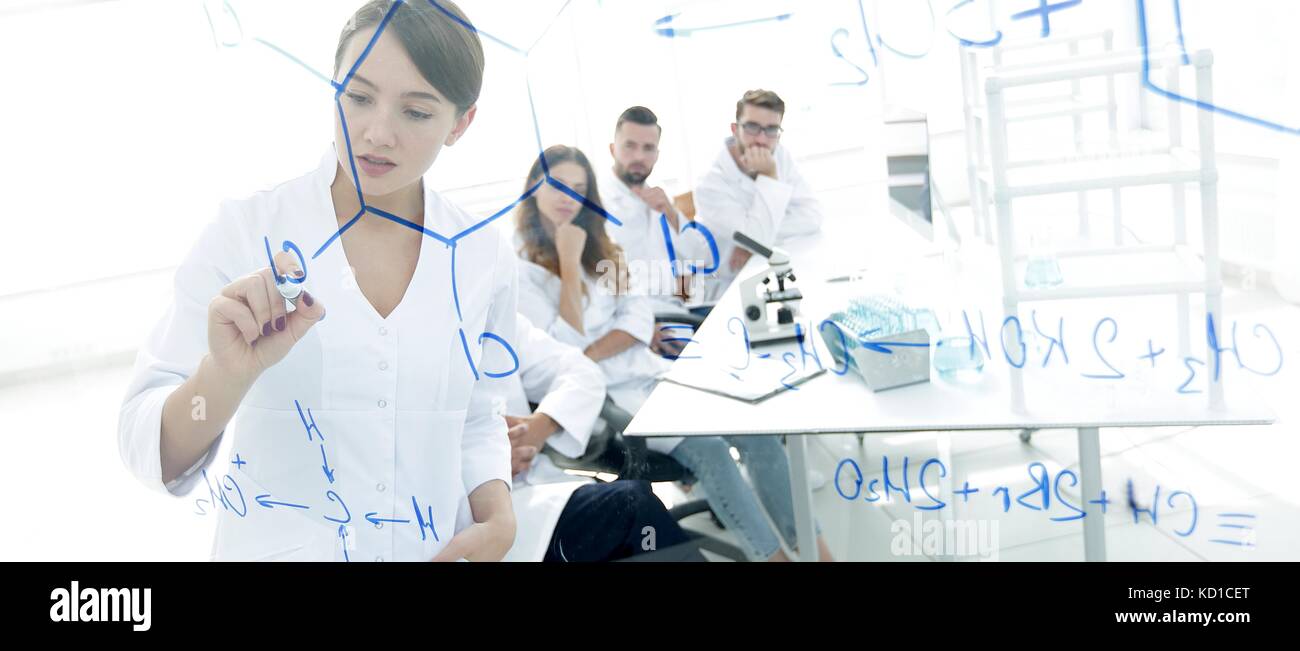 view through the transparent Board. female scientist makes a report to ...