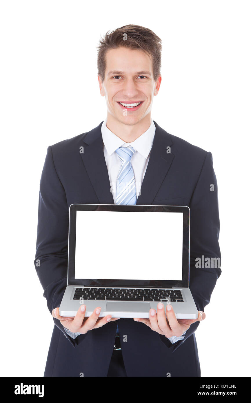 Happy Smiling Young Businessman Holding Laptop Over White Background ...