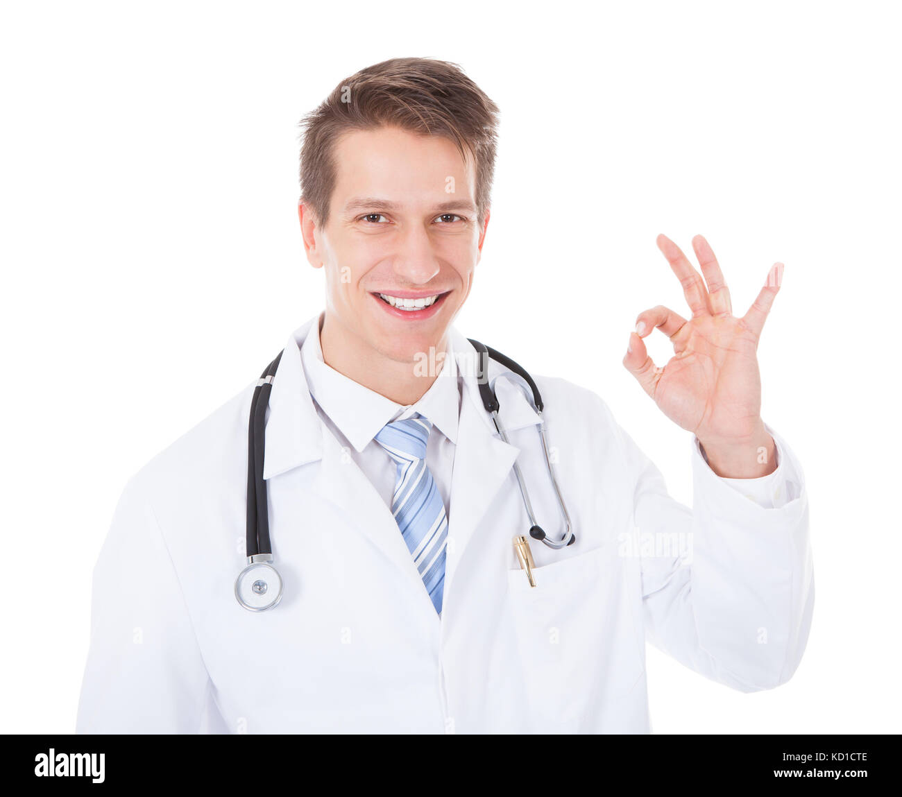 Young Male Doctor Showing Ok Sign Over White Background Stock Photo - Alamy