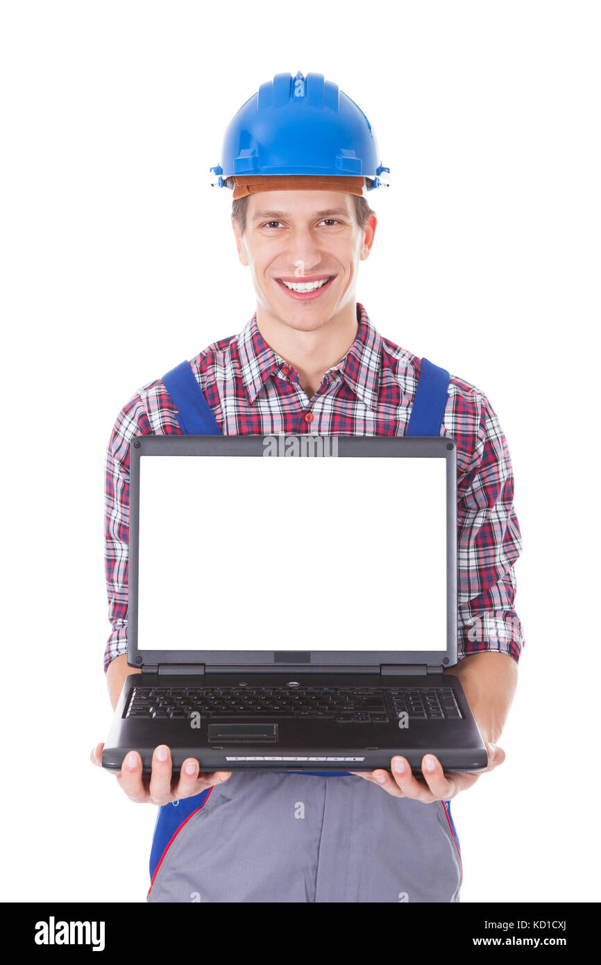 Portrait Of Male Architect Holding Laptop Over White Background Stock ... Portrait Of Male Architect Holding Laptop Over White Background Stock ...