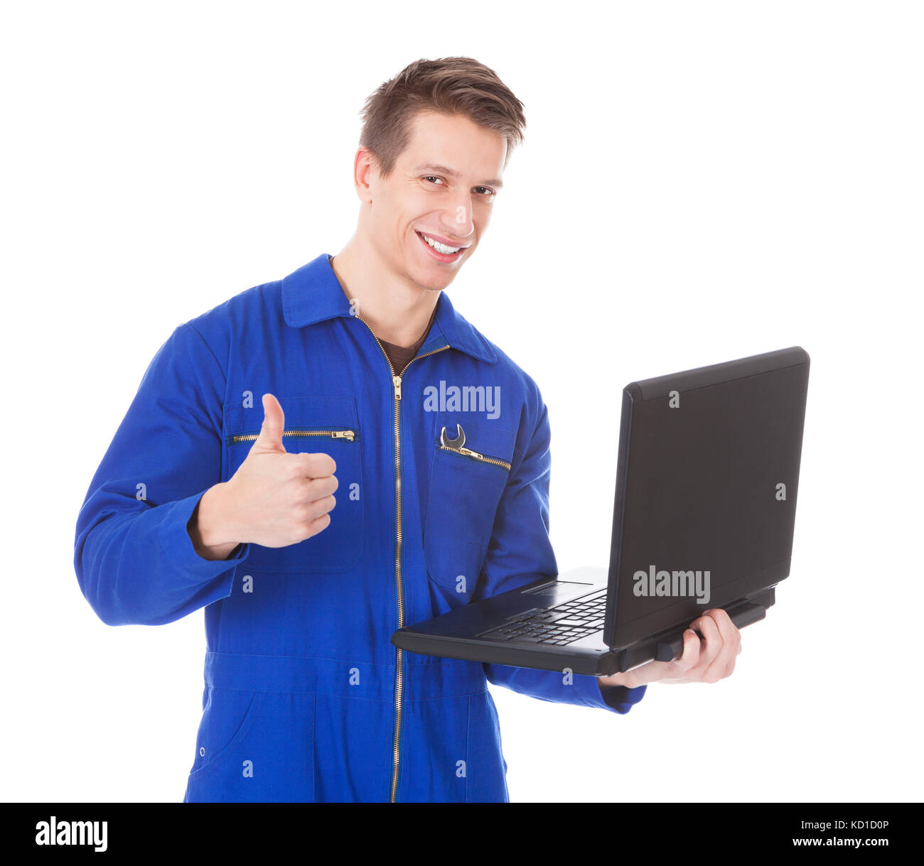 Young Male Technician Using Laptop Over White Background Stock Photo ...