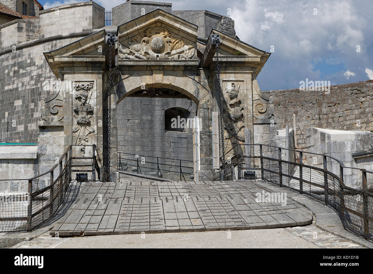 Drawbridge in Fort de Joux. The castle commands the mountain pass Cluse ...