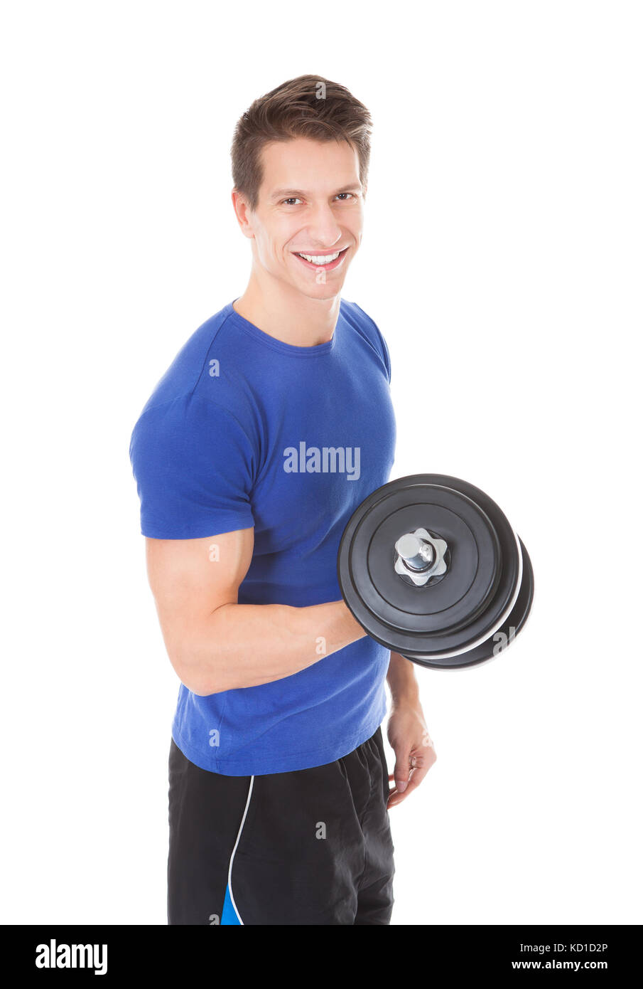 Young Man Exercising With Dumbbells Over White Background Stock Photo ...