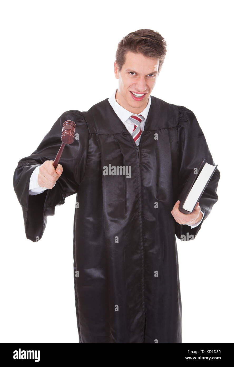 Portrait Of Frustrated Judge Holding Gavel And Book Over White ...