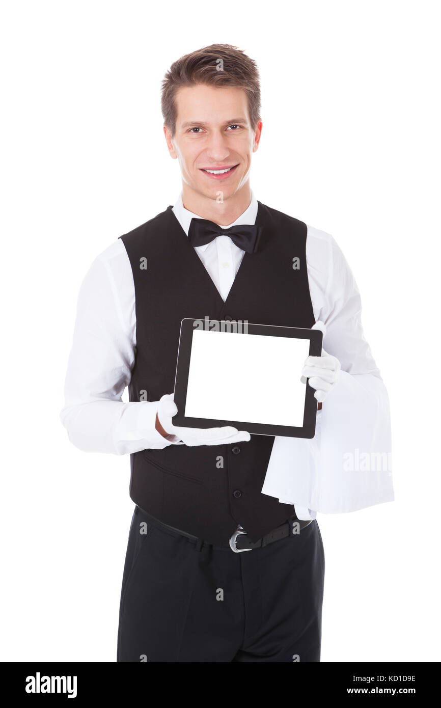 Young Male Waiter Holding Tablet Pc Over White Background Stock Photo ...