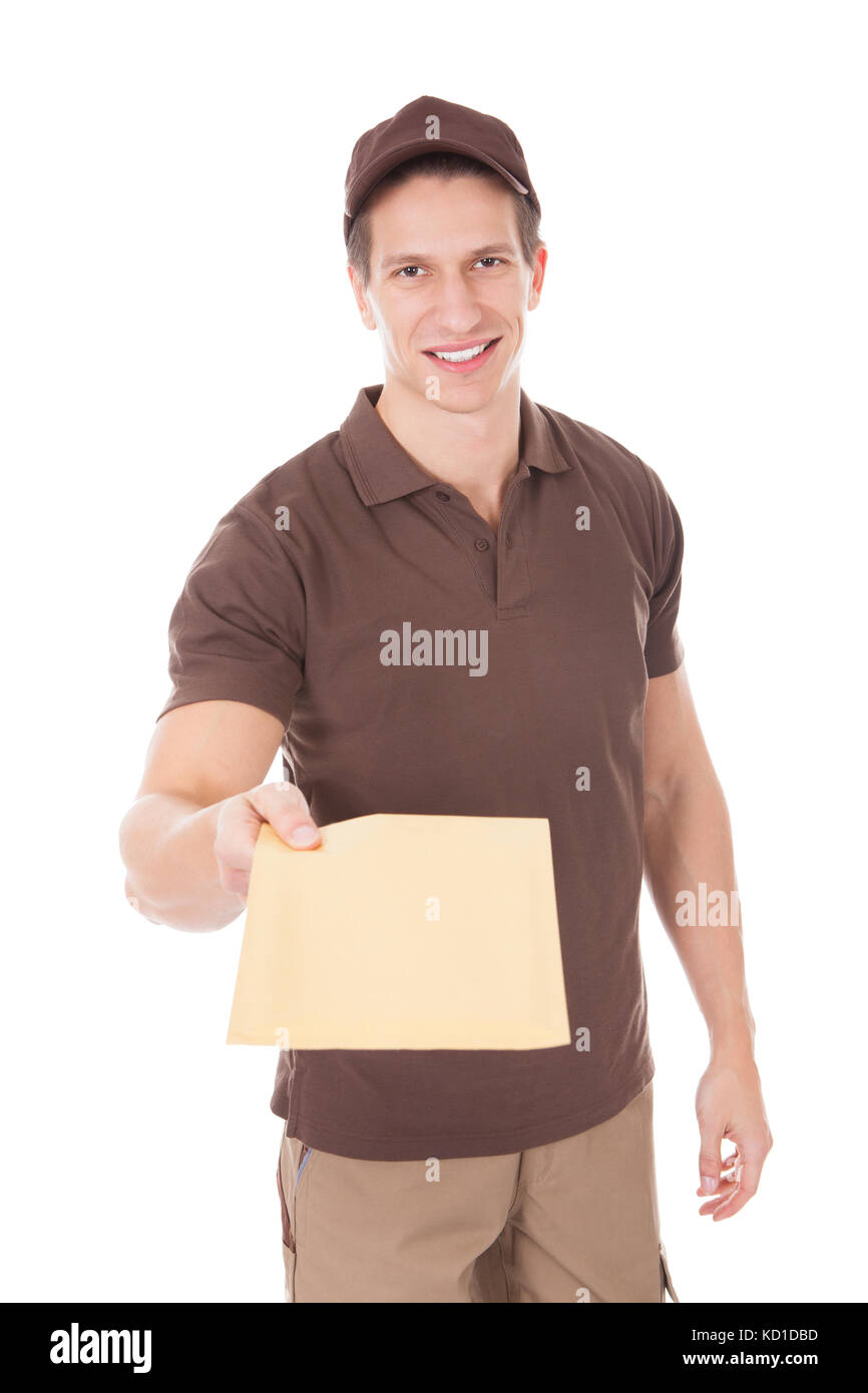 Happy Man Delivering Mail Over White Background Stock Photo - Alamy