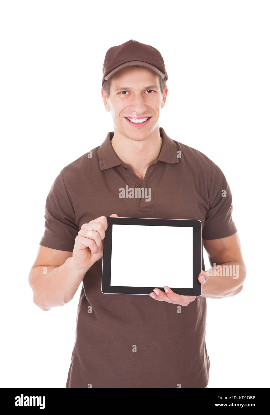 Young Delivery Man Holding Blank Tablet Pc Over White Background Stock ...