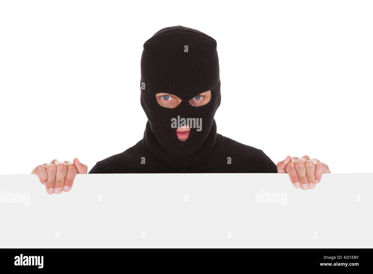 Burglar With Balaclava Holding Blank Placard Isolated On White ...