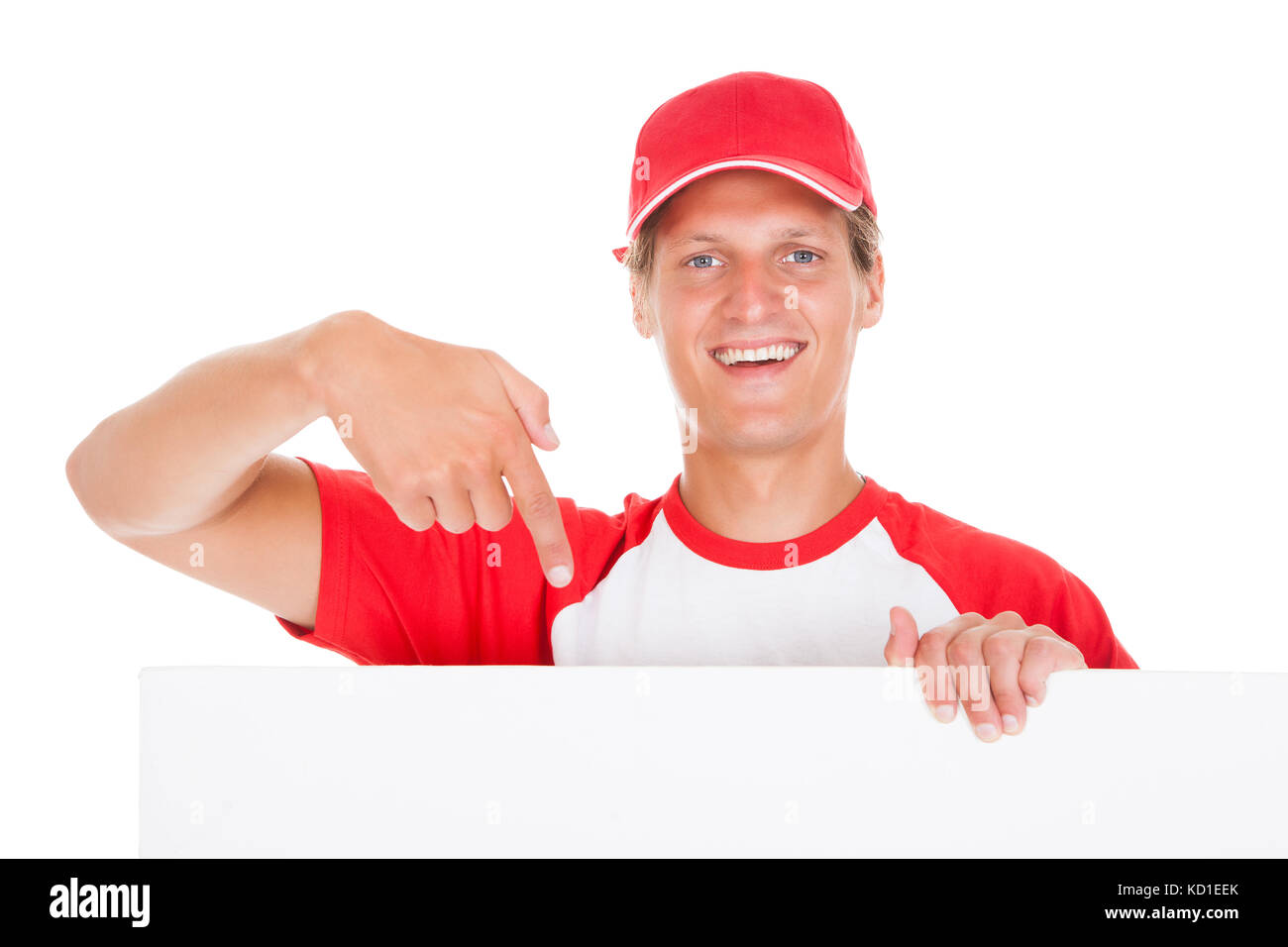 Baseball Player Holding Blank Placard Over White Background Stock Photo ...