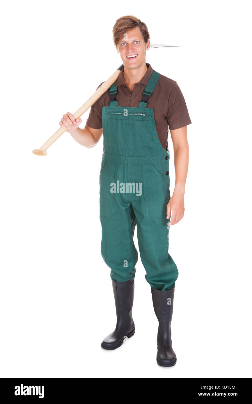 Portrait Of Happy Young Male Gardener With Shovel On White Background ...