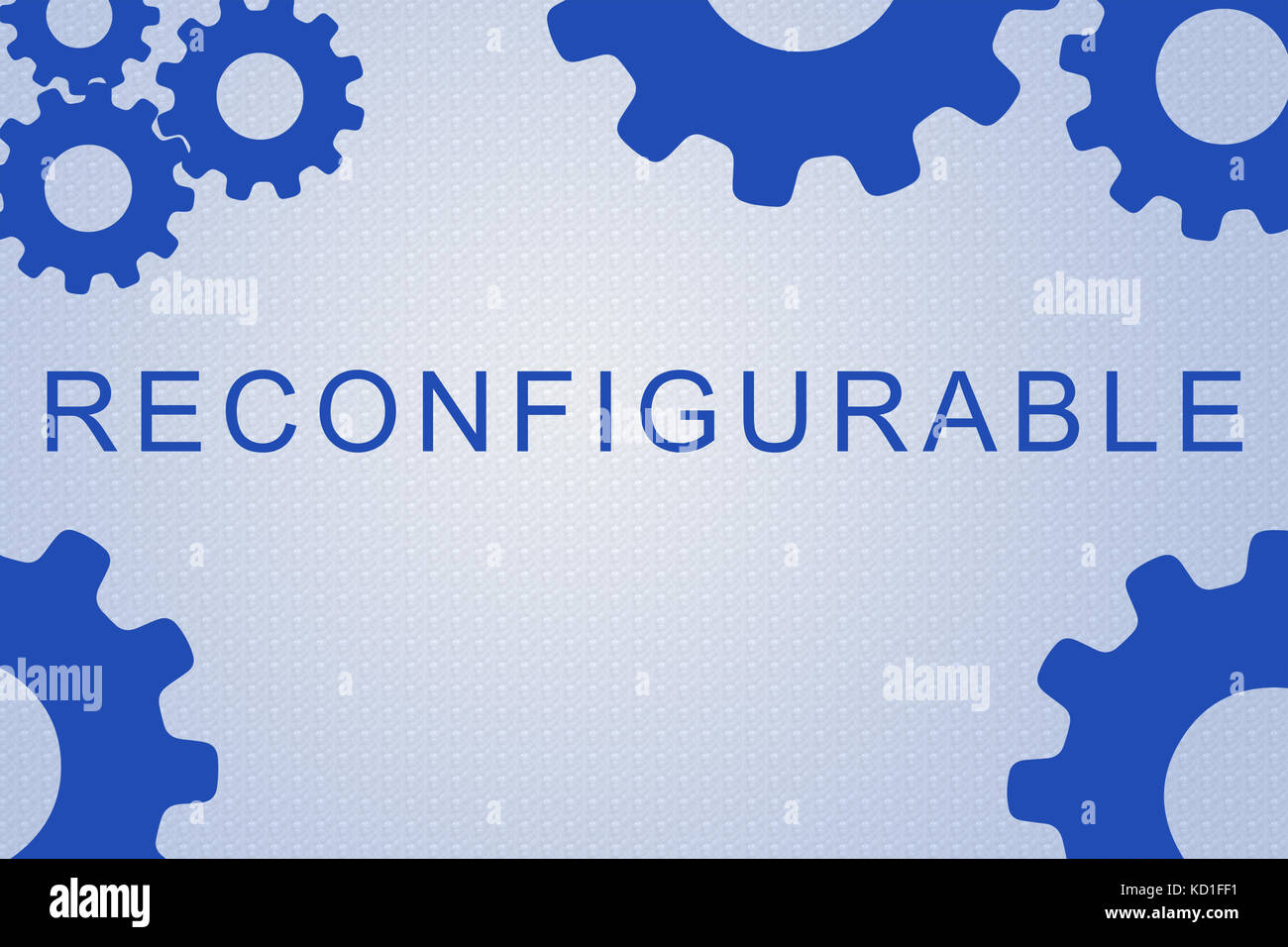 RECONFIGURABLE sign concept illustration with blue gear wheel figures ...