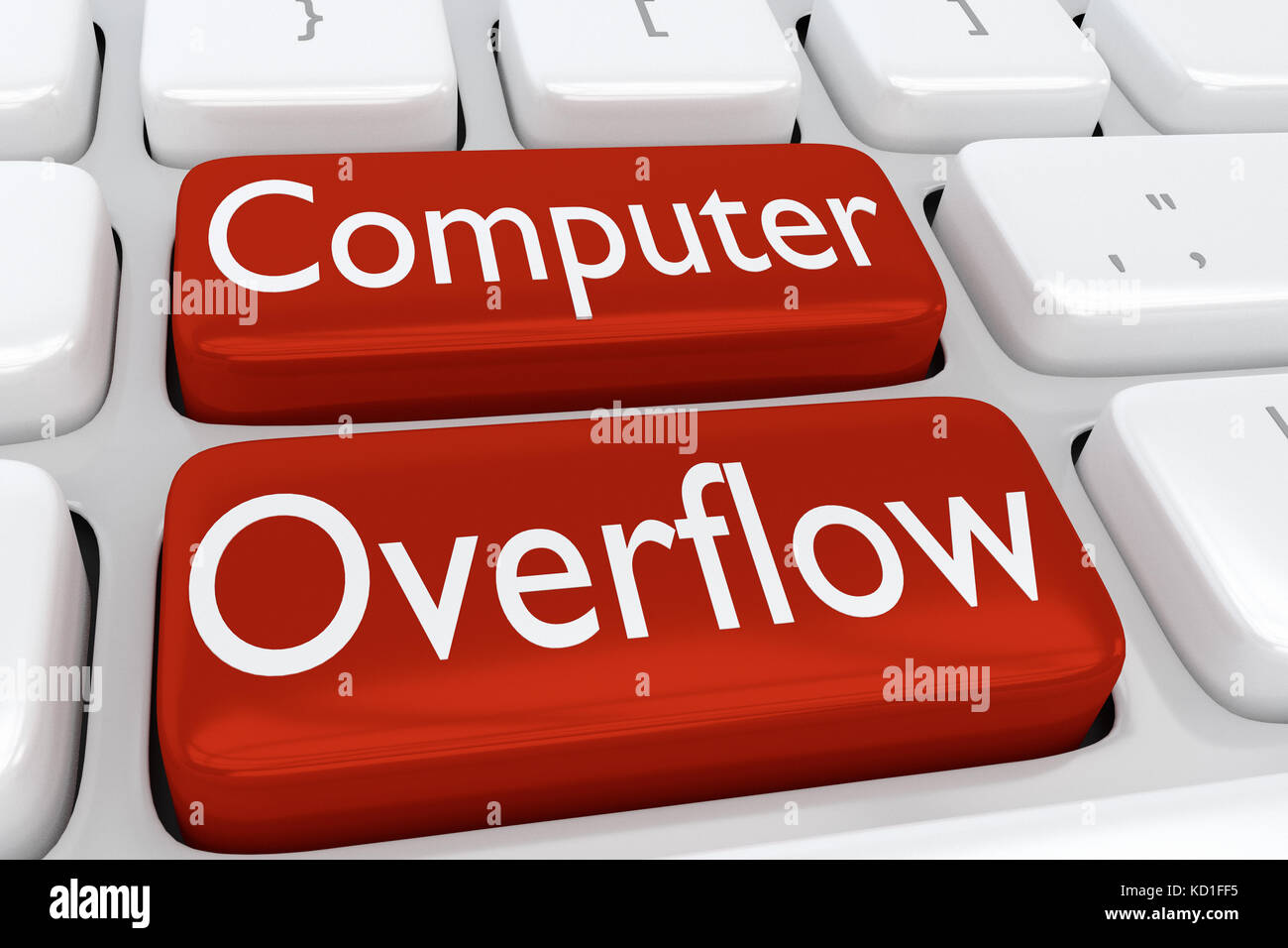 3D illustration of computer keyboard with the print "Computer Overflow" on two adjacent red ...