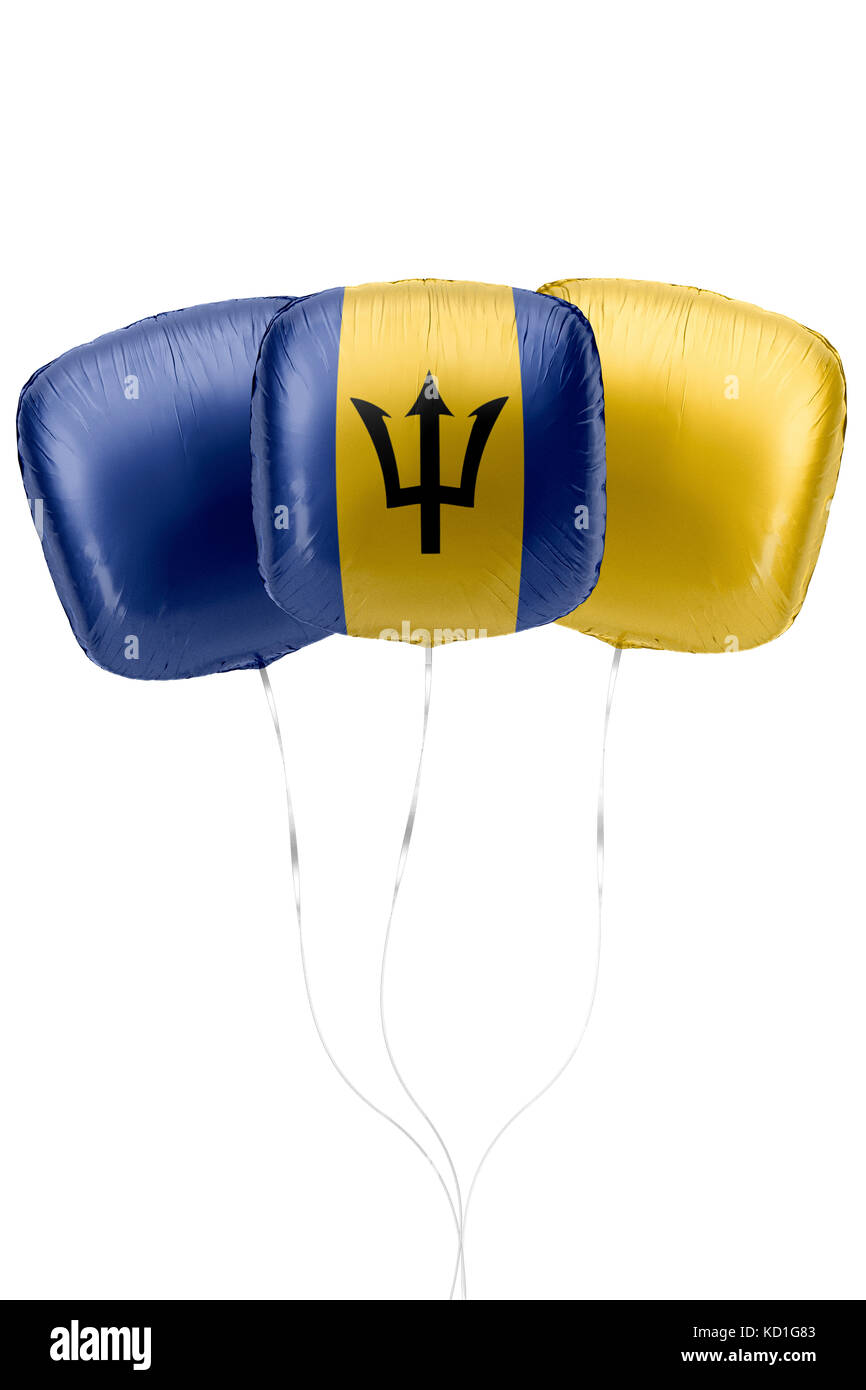 Three balloons represent Barbados flag colors are floating on a white ...
