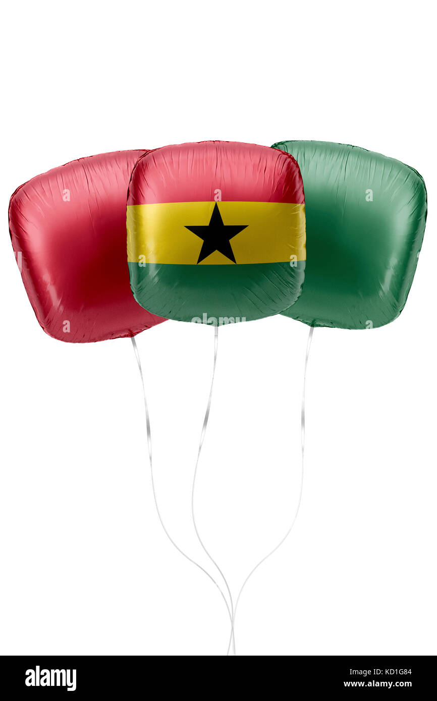 Three balloons represent Ghana flag colors are floating on a white ...