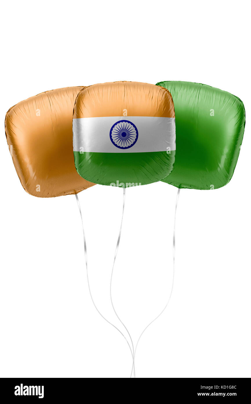Three balloons represent India flag colors are floating on a white ...