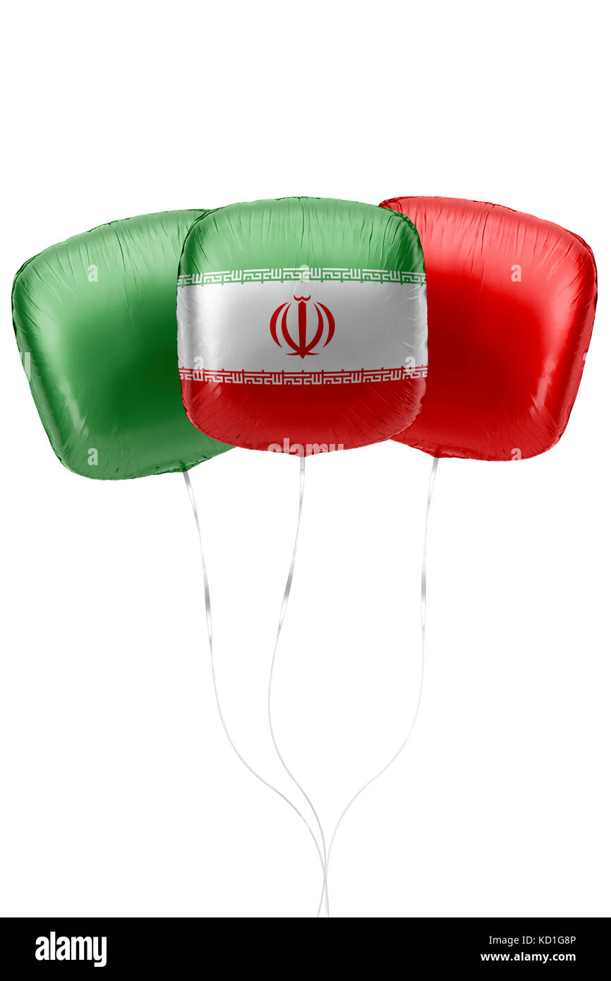 Three balloons represent Iran flag colors are floating on a white ...