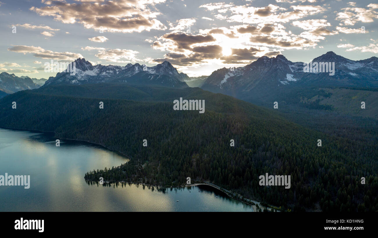 Aerial view of Redfish Lake in Idaho as the sun begins to set Stock ...