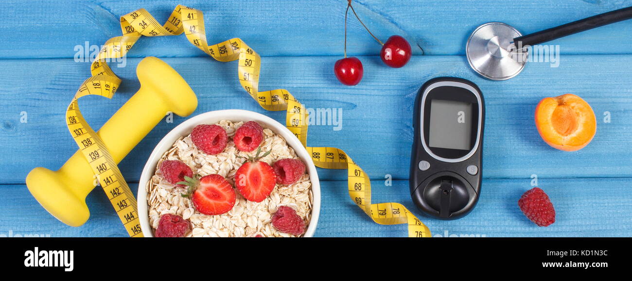 Glucometer for measuring sugar level, oat flakes with fruits, tape ...