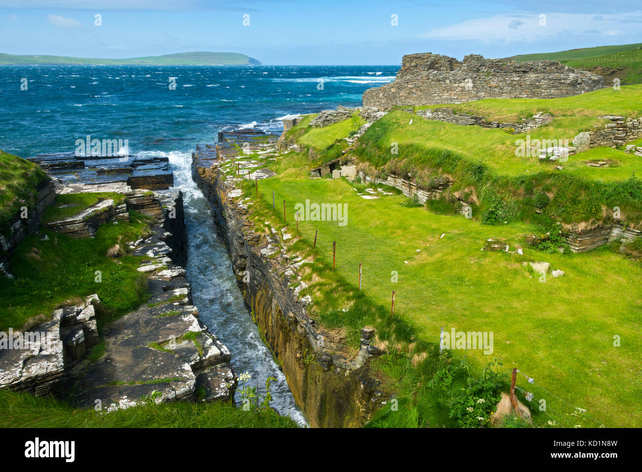 Costa Head over Eynhallow Sound, from Midhowe Broch on the island of ...