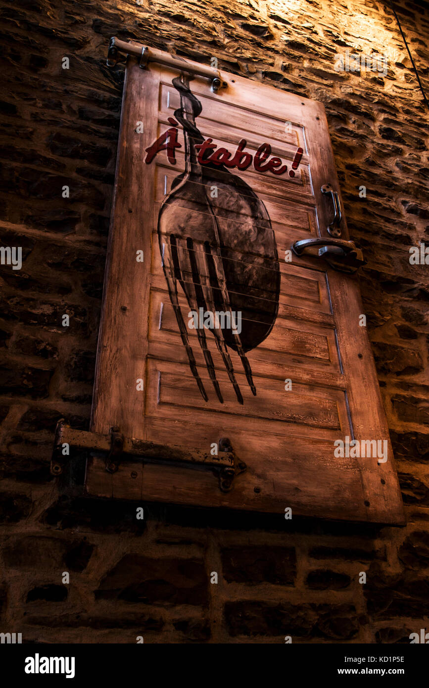 Old abandoned restaurant - vintage sign entrance door with text a table ...