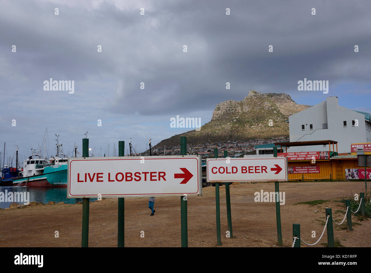 Signs along promenade at Hout Bay harbour, Cape Town, South Africa ...