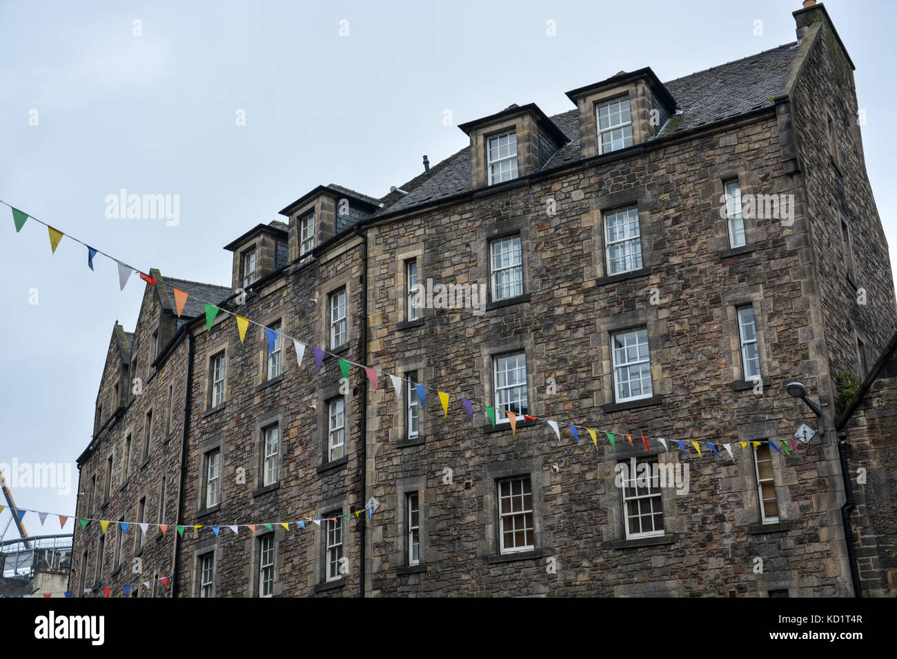 Stone houses with colourful bunting in Edinburgh. Scotland Stock Photo ...