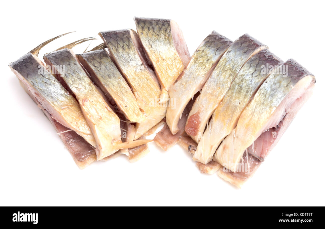 pieces of herring isolated on white background Stock Photo - Alamy