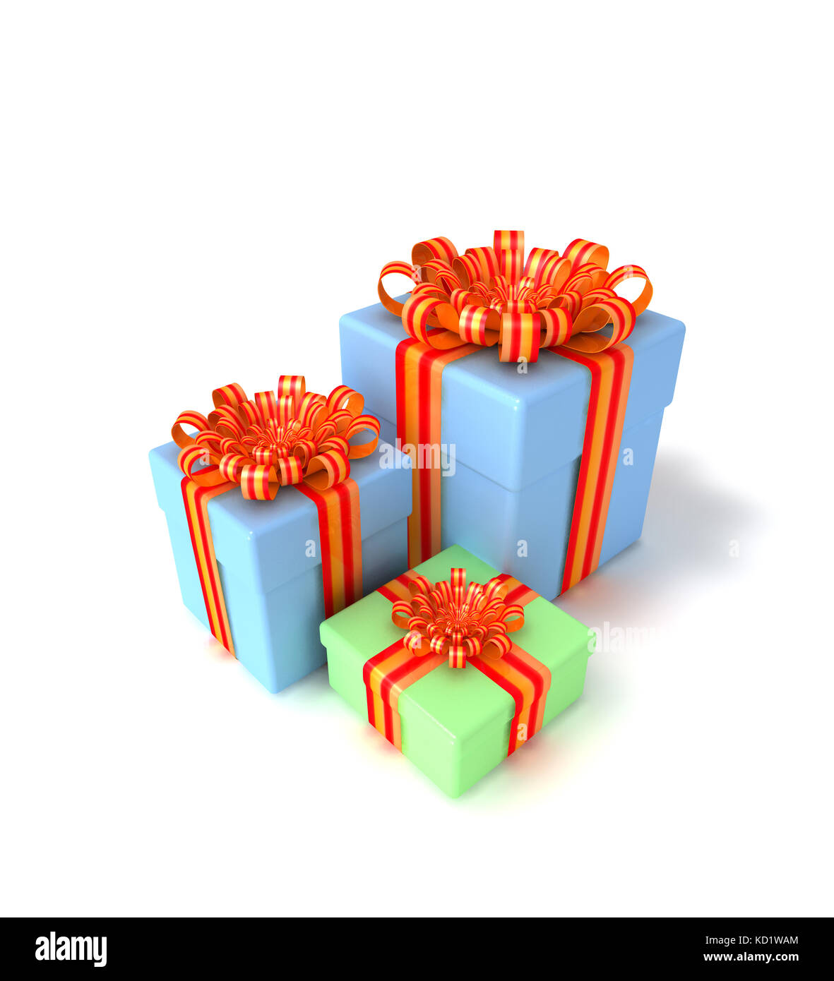 three gift boxes with ribbons on a white background Stock Photo - Alamy