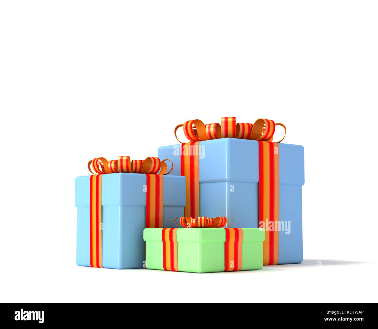 three gift boxes with ribbons on a white background Stock Photo - Alamy