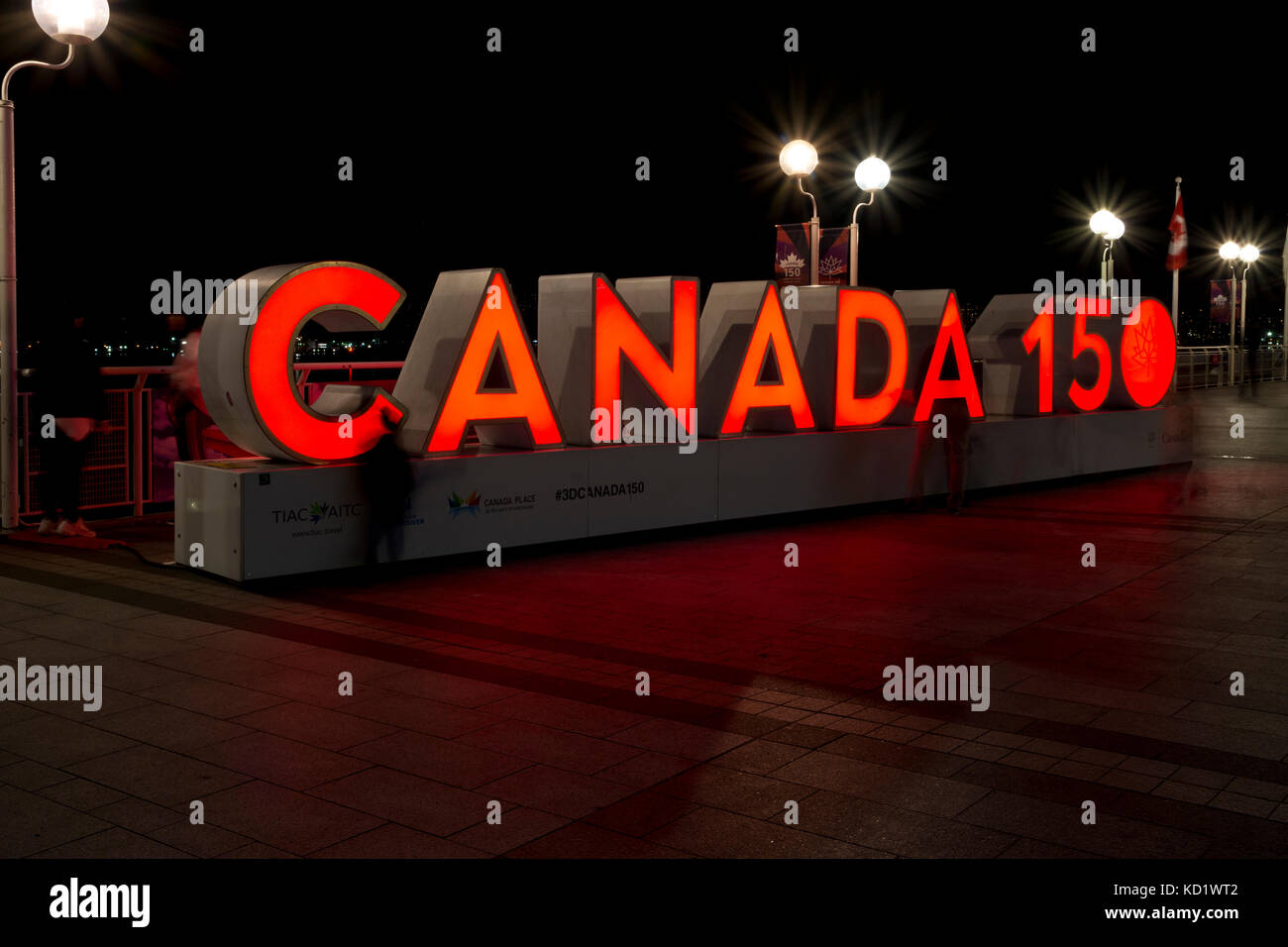 Canada 150 sign on display in downtown Vancouver at Canada Place. At ...