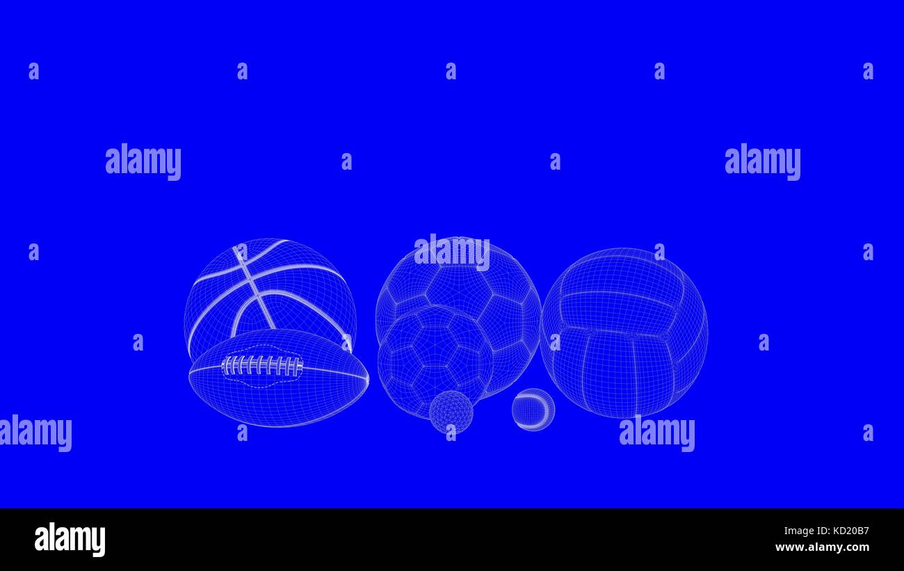 3d rendering of a blueprint balls in white lines on a blue background ...