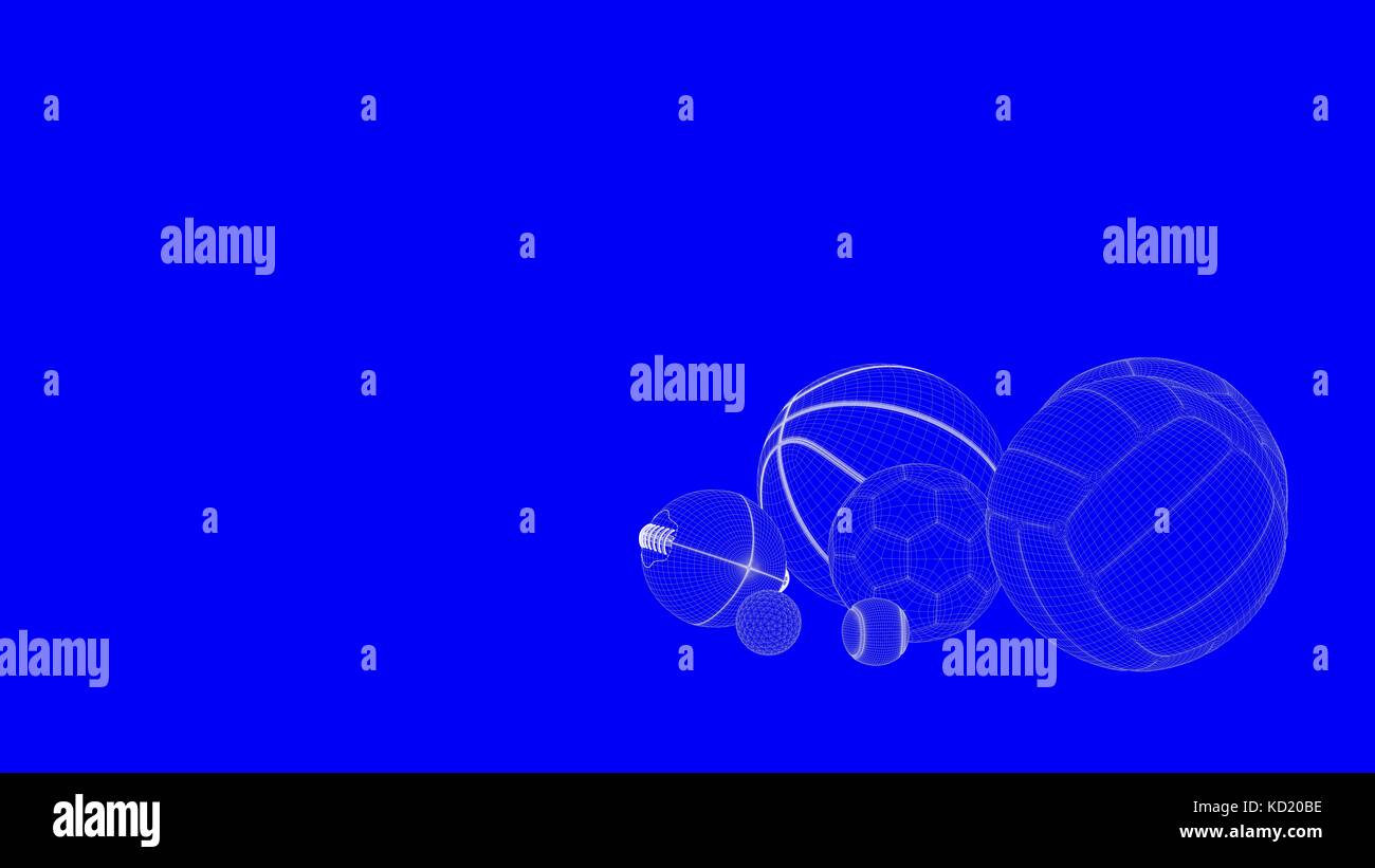 3d rendering of a blueprint balls in white lines on a blue background ...