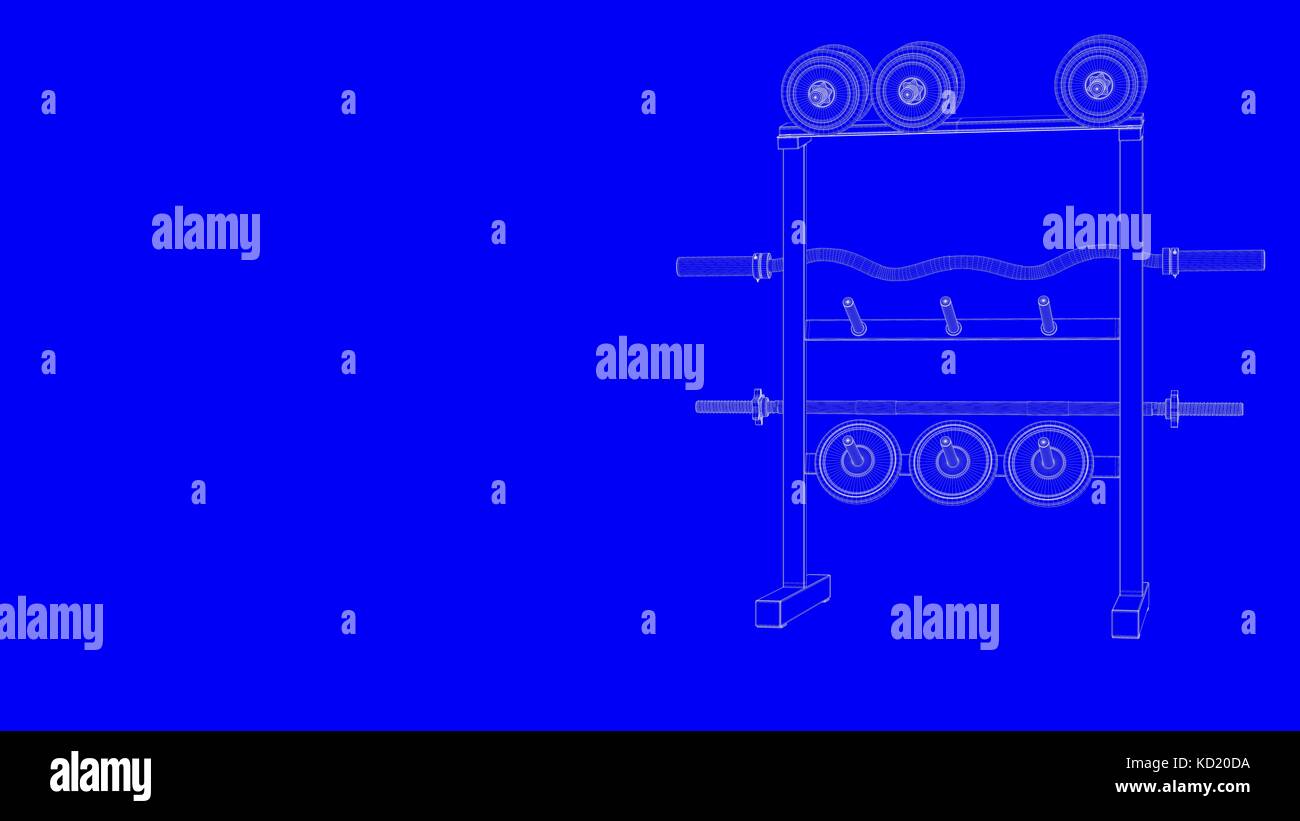 3d rendering of a blueprint gym equipments in white lines on a blue ...