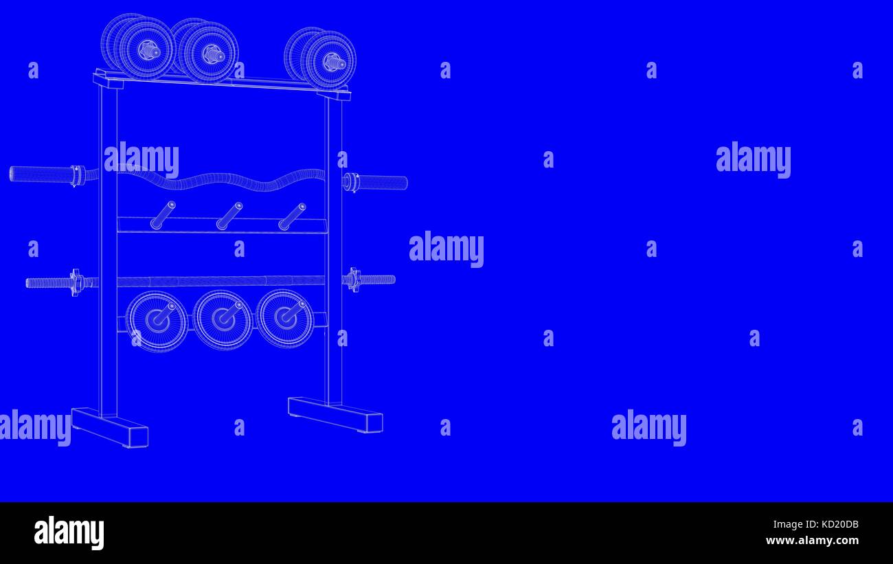 3d rendering of a blueprint gym equipments in white lines on a blue ...