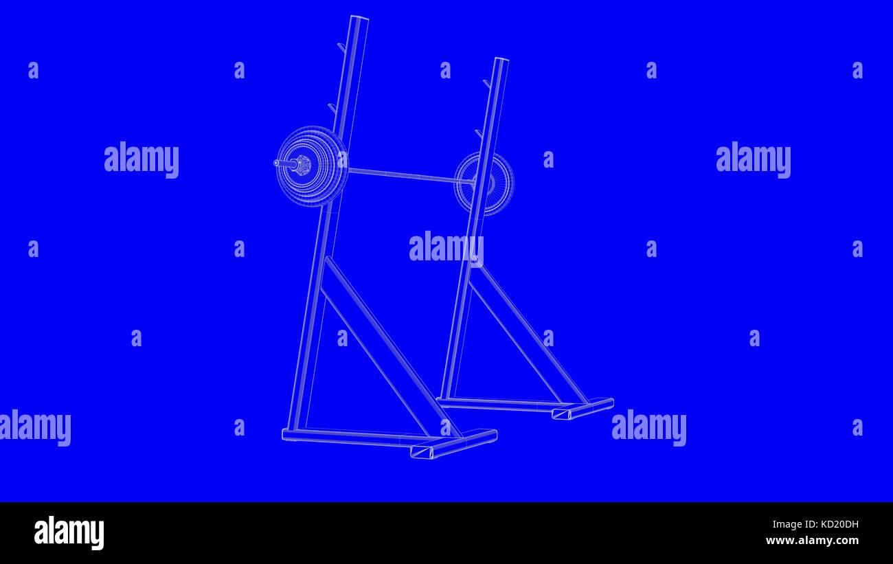 3d rendering of a blueprint gym equipments in white lines on a blue ...