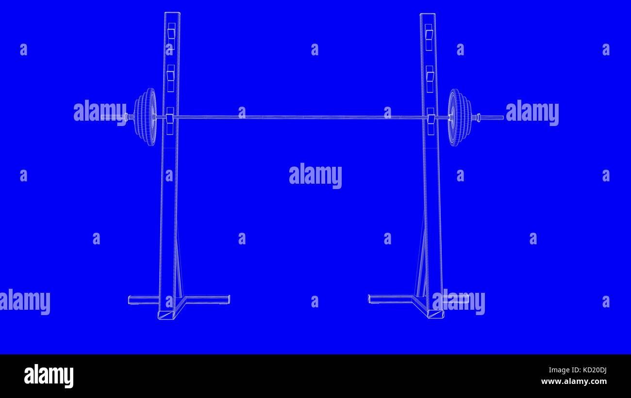 3d rendering of a blueprint gym equipments in white lines on a blue ...