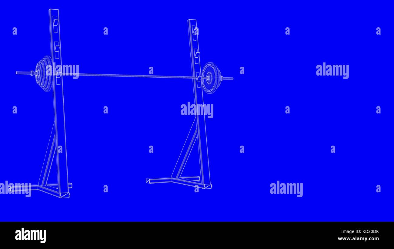 3d rendering of a blueprint gym equipments in white lines on a blue ...