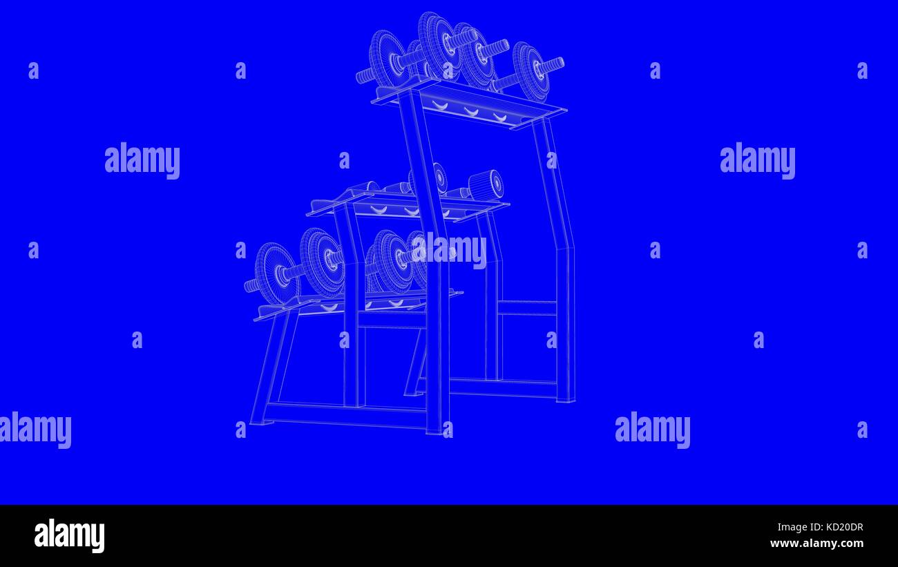 3d rendering of a blueprint gym equipments in white lines on a blue ...