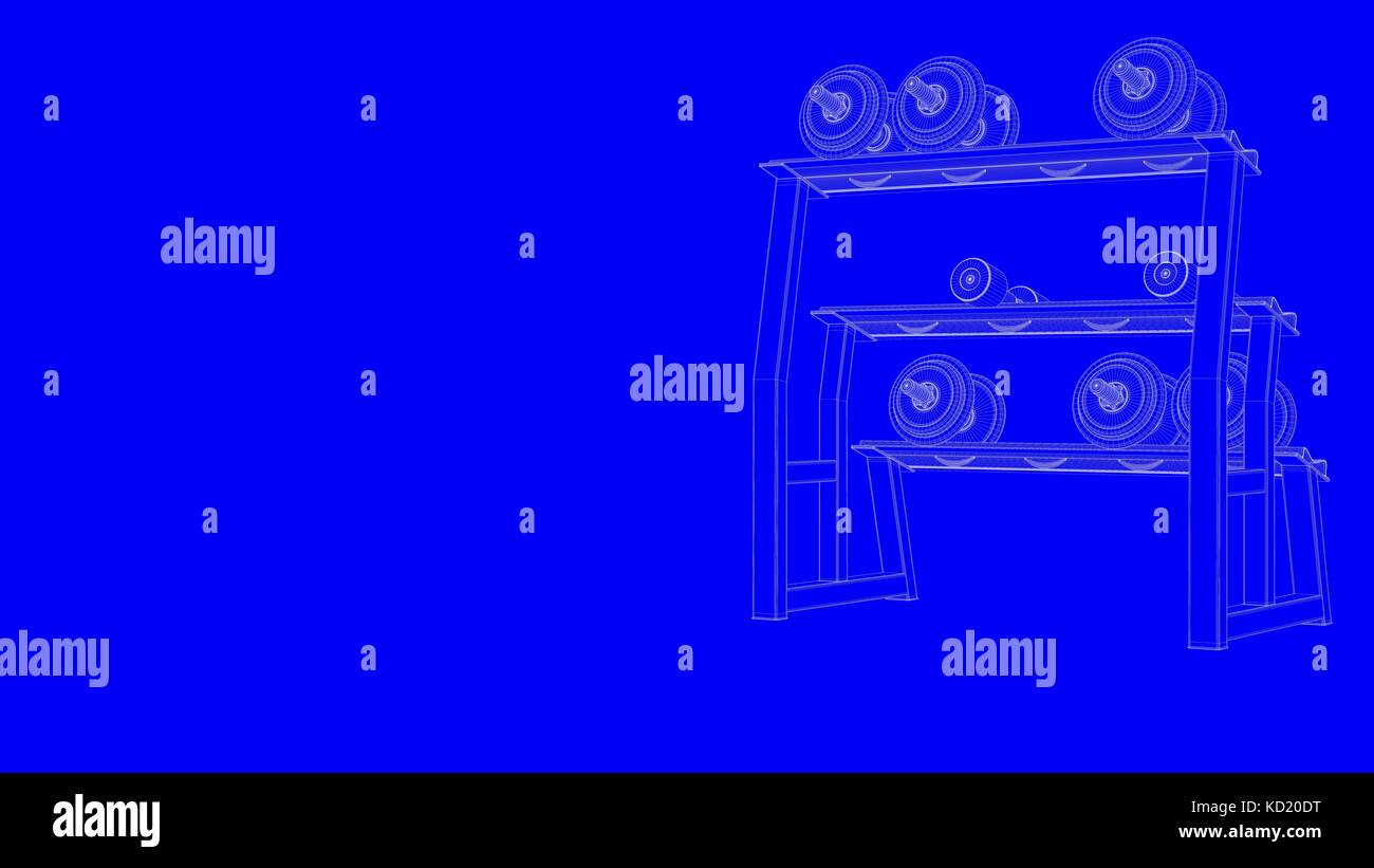 3d rendering of a blueprint gym equipments in white lines on a blue ...