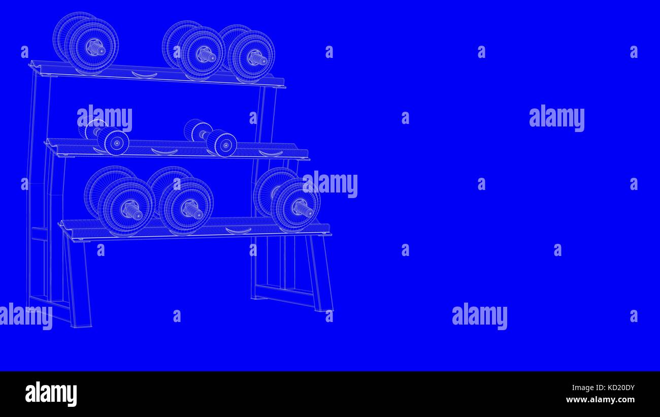 3d rendering of a blueprint gym equipments in white lines on a blue ...