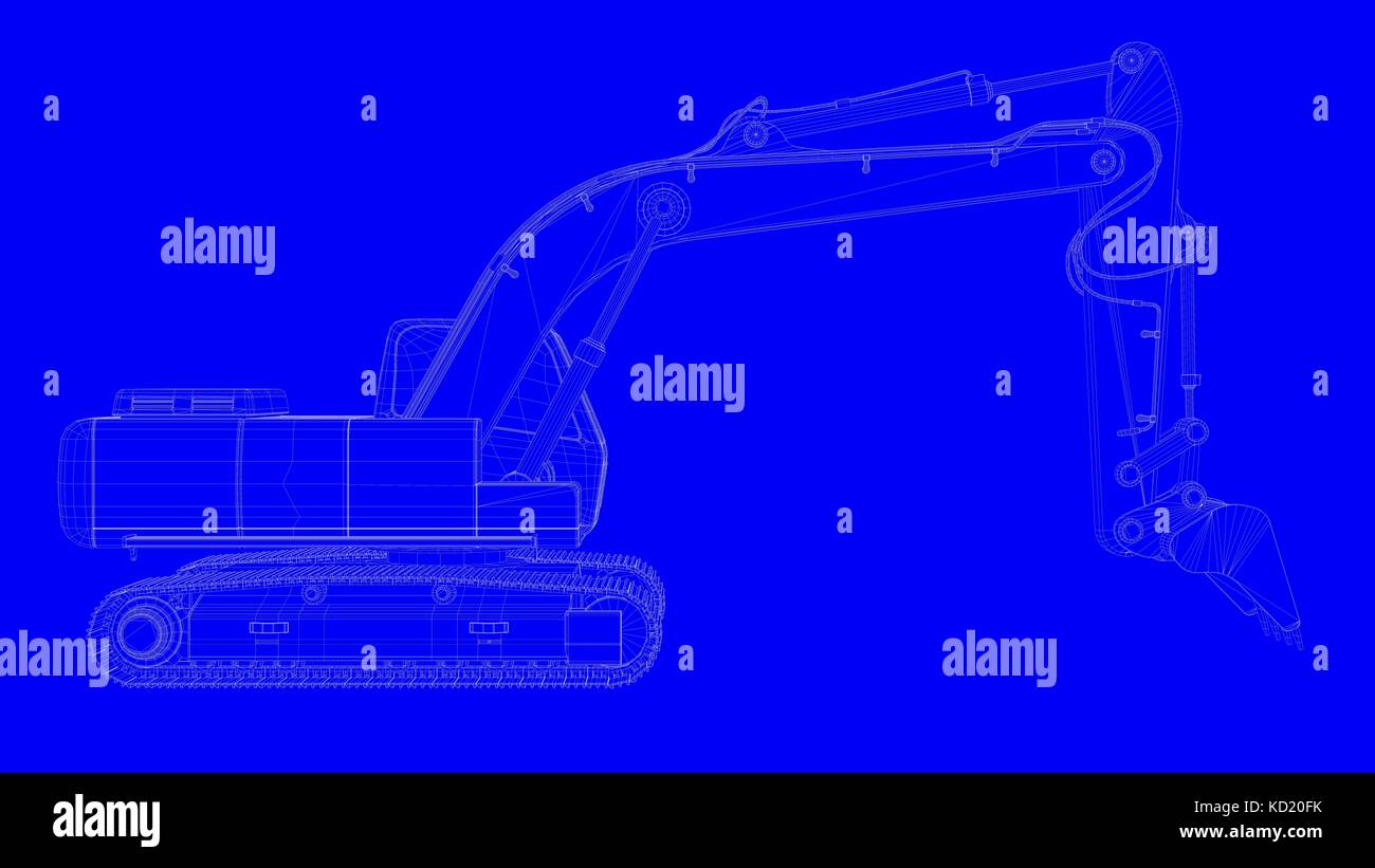 3d rendering of a blue print digger in white lines on a blue background ...