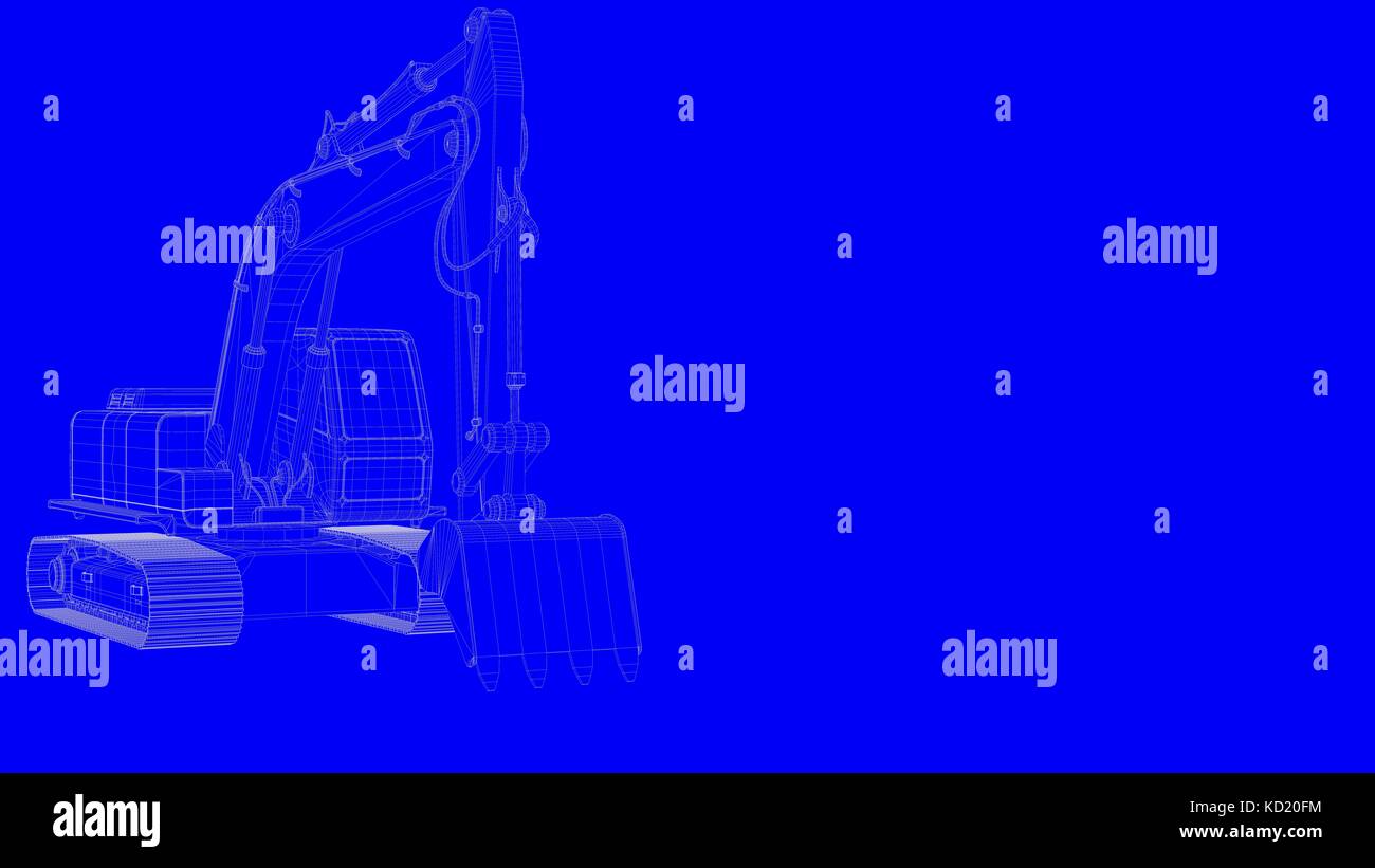 3d rendering of a blue print digger in white lines on a blue background ...