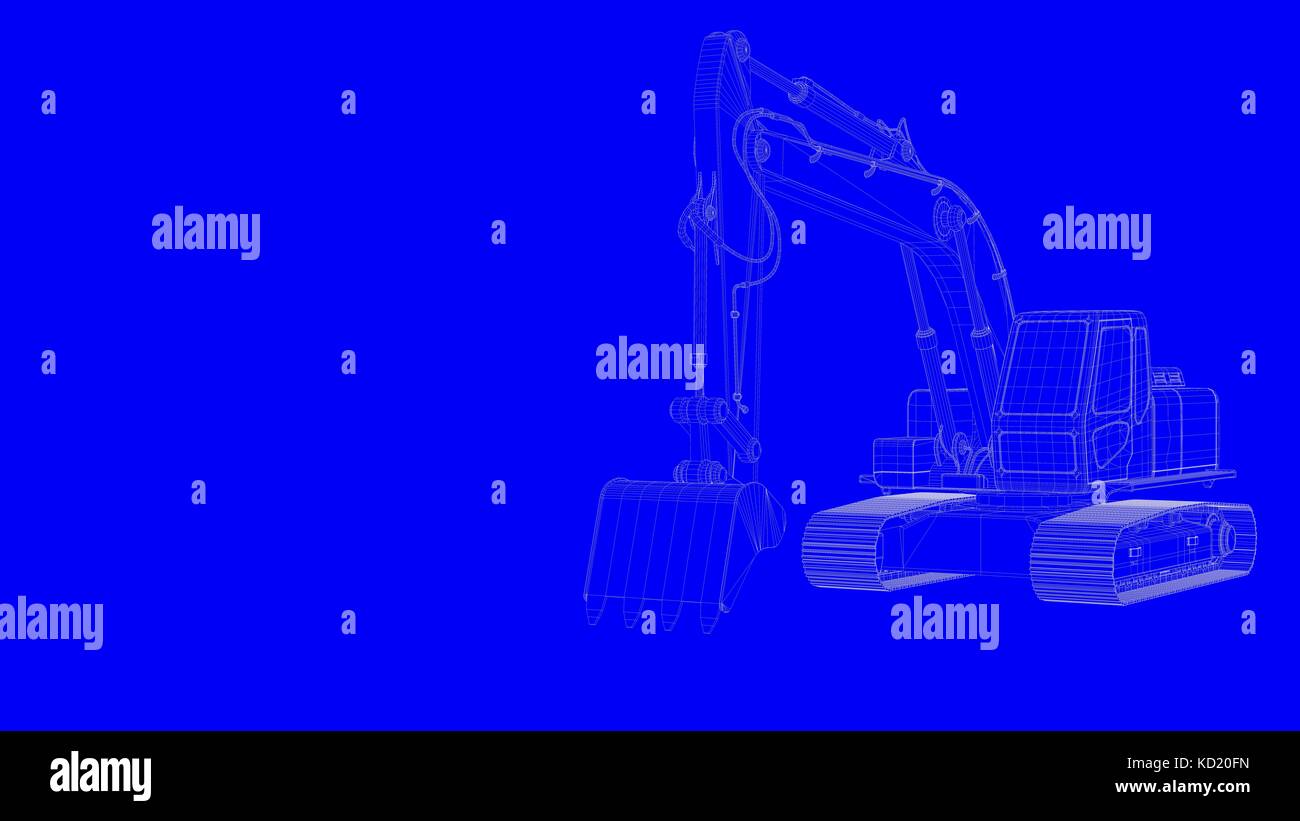 3d rendering of a blue print digger in white lines on a blue background ...