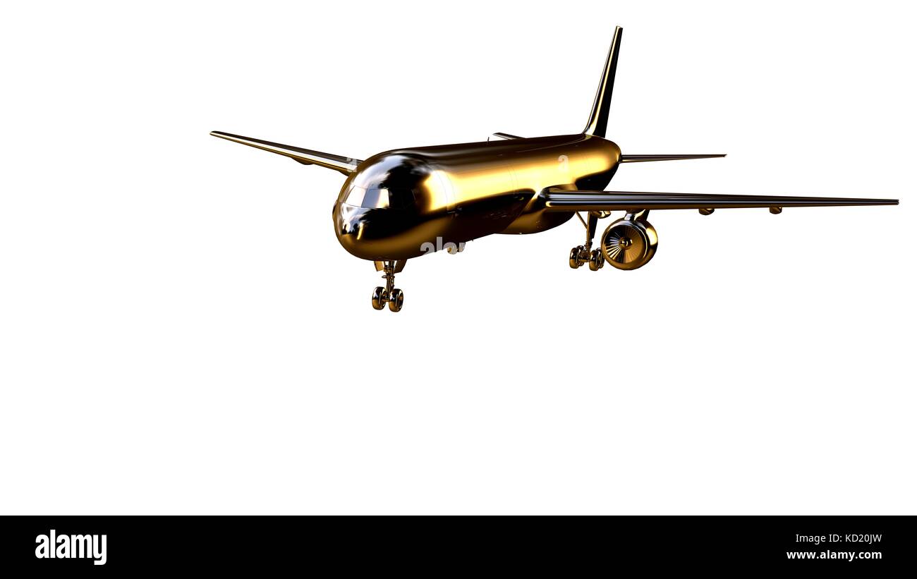 3d rendering of a golden airplane on isolated on a white background ...