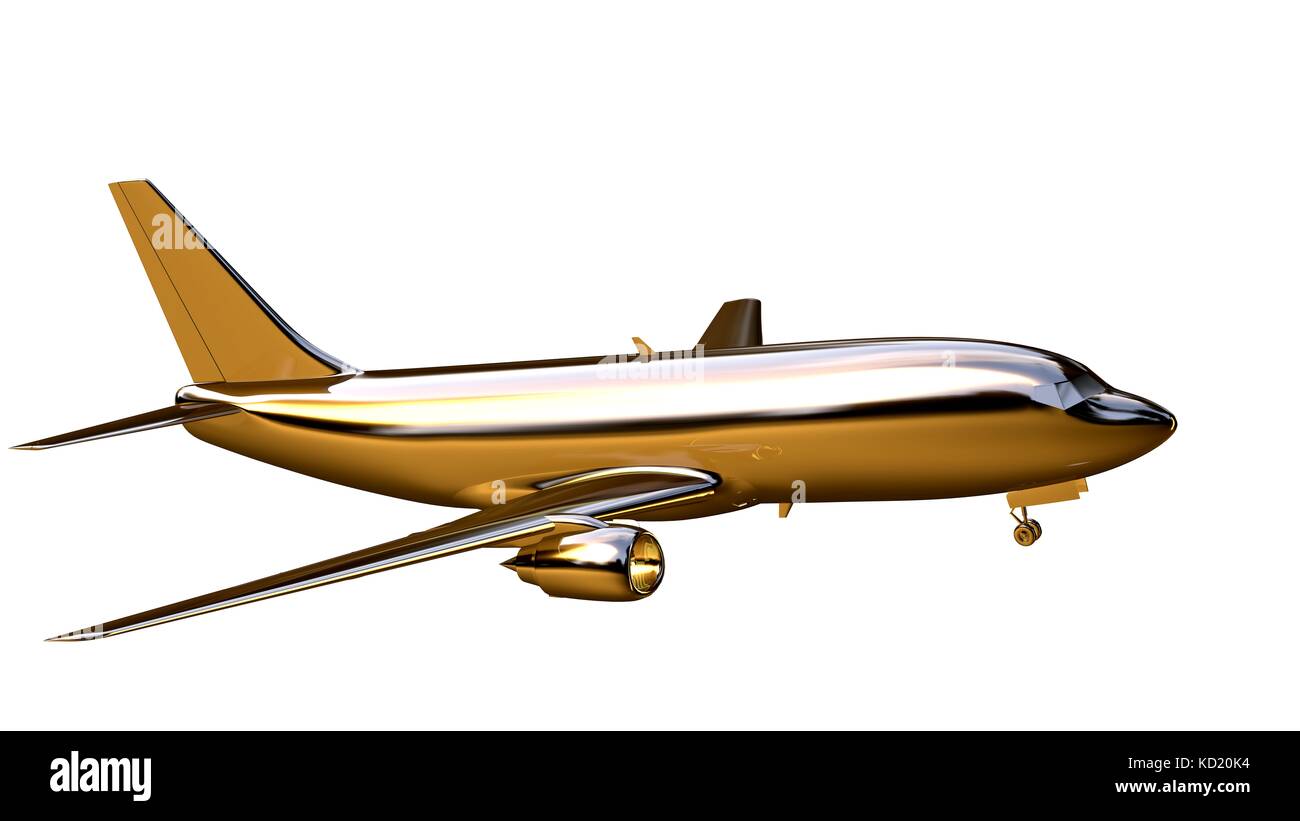 3d rendering of a golden airplane on isolated on a white background ...