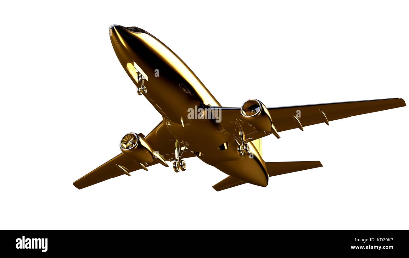 3d rendering of a golden airplane on isolated on a white background ...