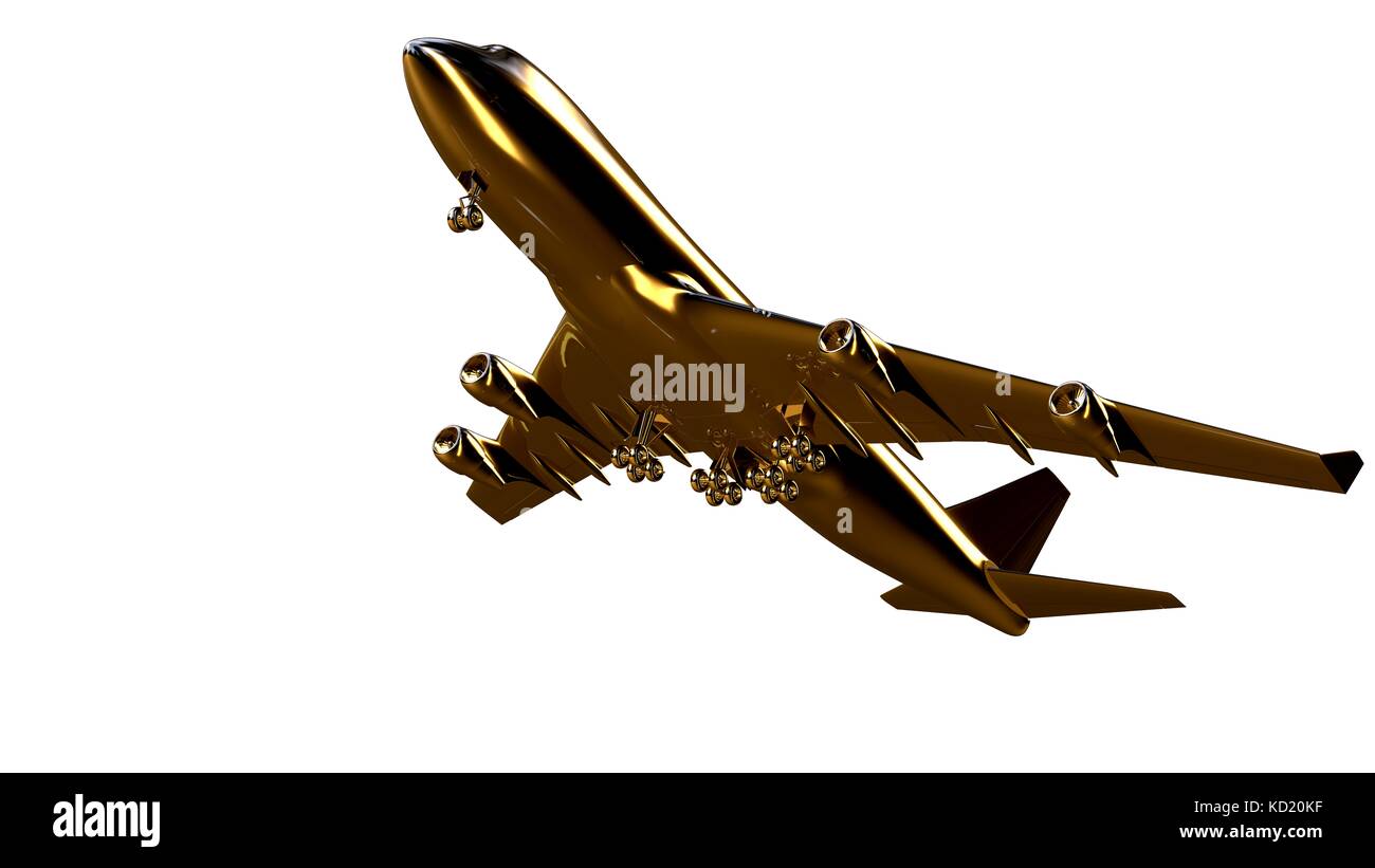 3d rendering of a golden airplane on isolated on a white background ...
